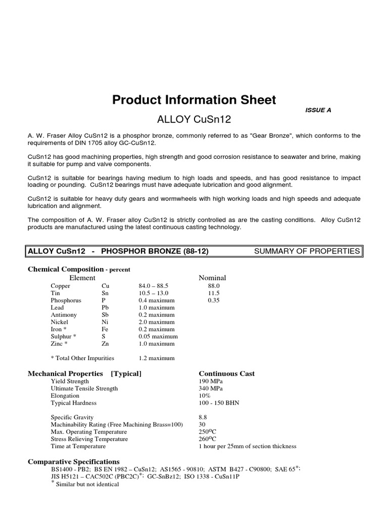 Product Information Sheet: Alloy Cusn12 | PDF | Bronze | Alloy