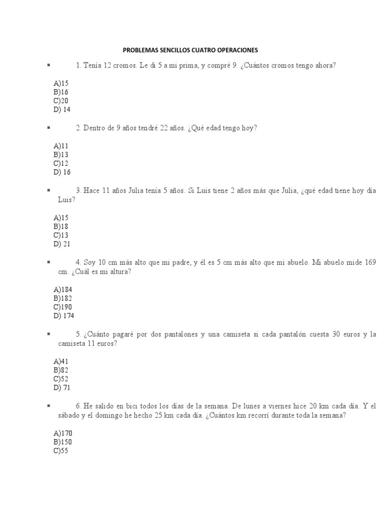 Problemas Sencillos Cuatro Operaciones | PDF