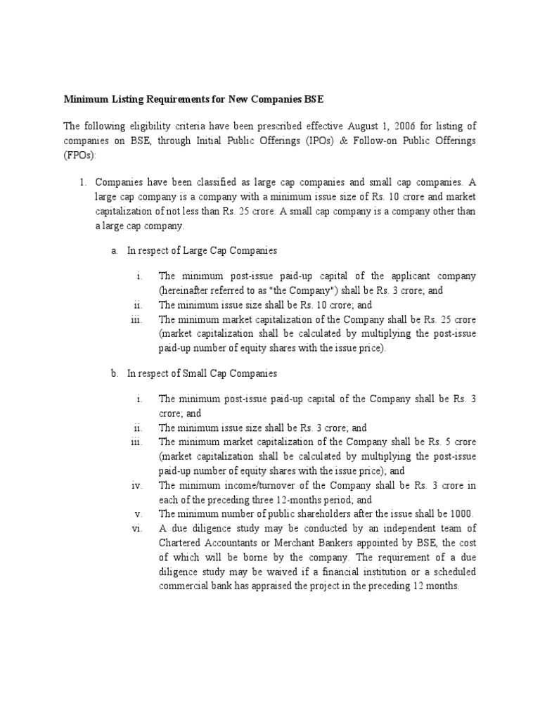 Minimum Listing Requirements For New Companies BSE | PDF | Stocks ...