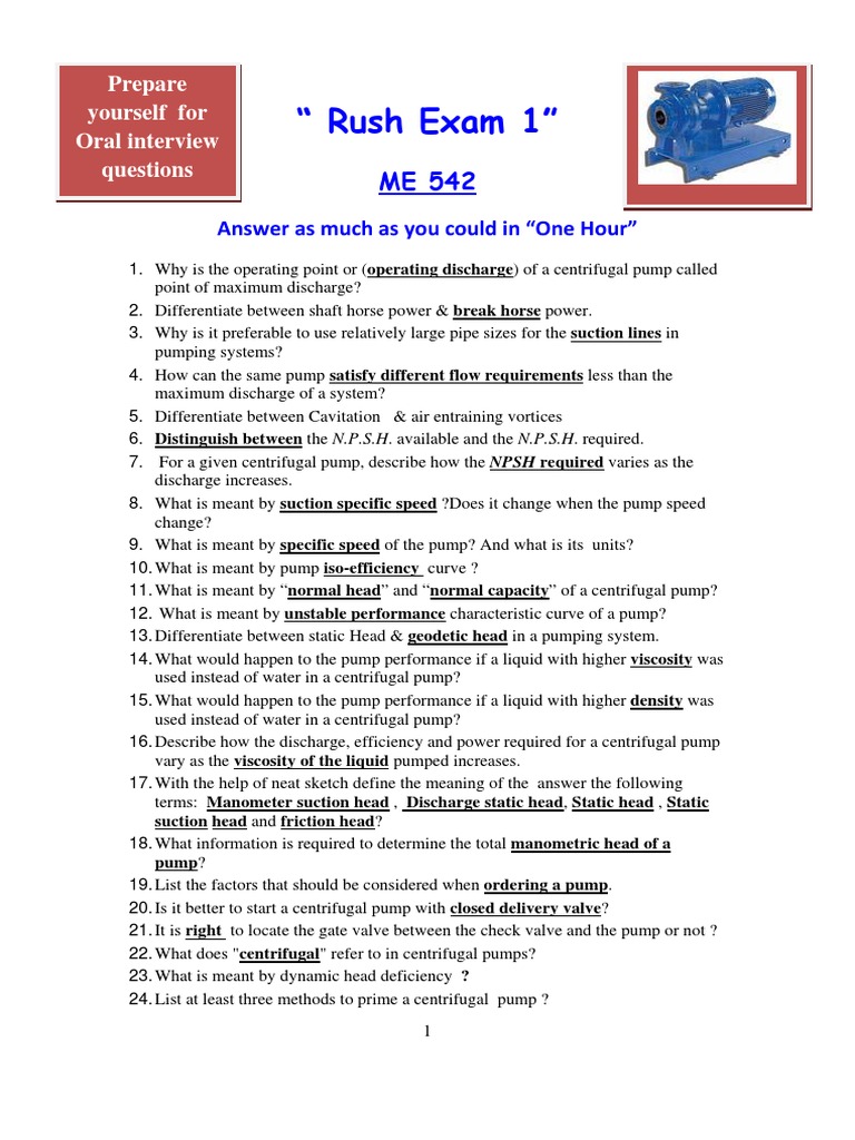 " Rush Exam 1": Answer As Much As You Could in "One Hour" | PDF | Pump ...