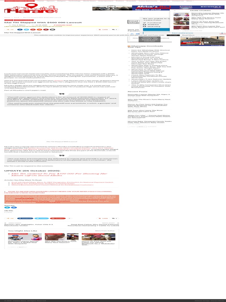 Mai Titi Slapped With $500 000 Lawsuit | PDF | Facebook | Defamation
