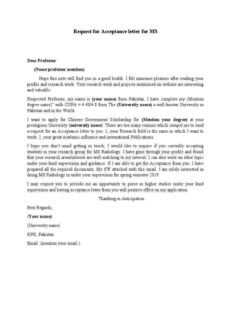 Request Letter For Supervisor For MS | PDF