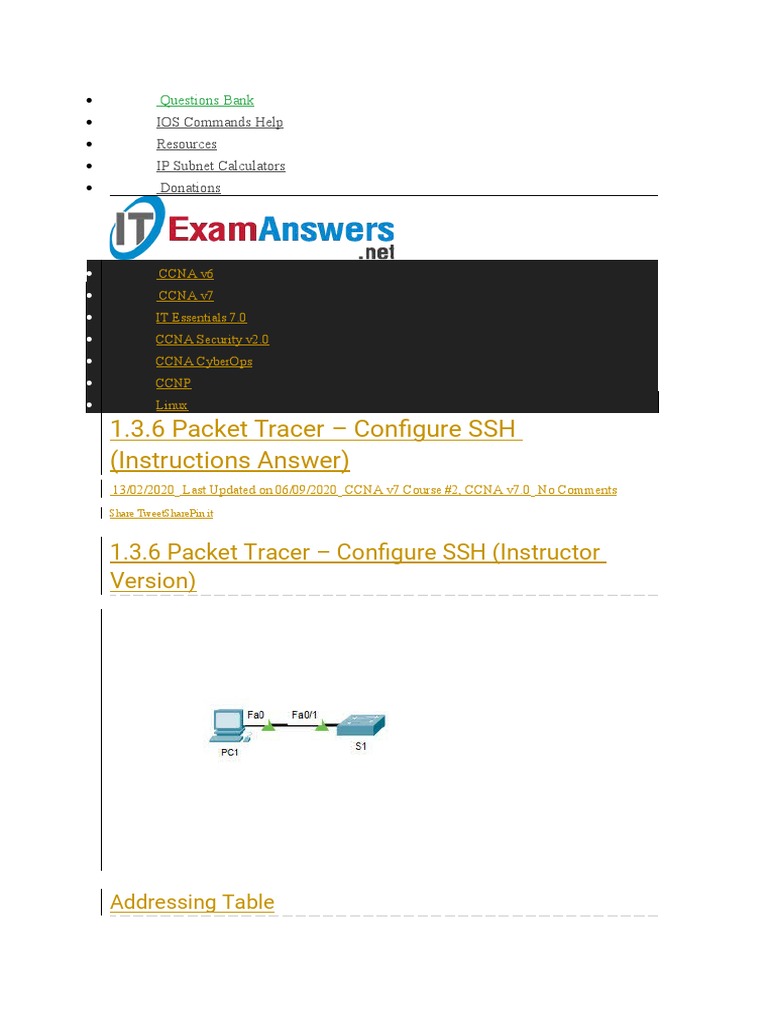1.3.6 Packet Tracer - Configure SSH (Instructions Answer) | PDF | Secure Shell | Cisco ...