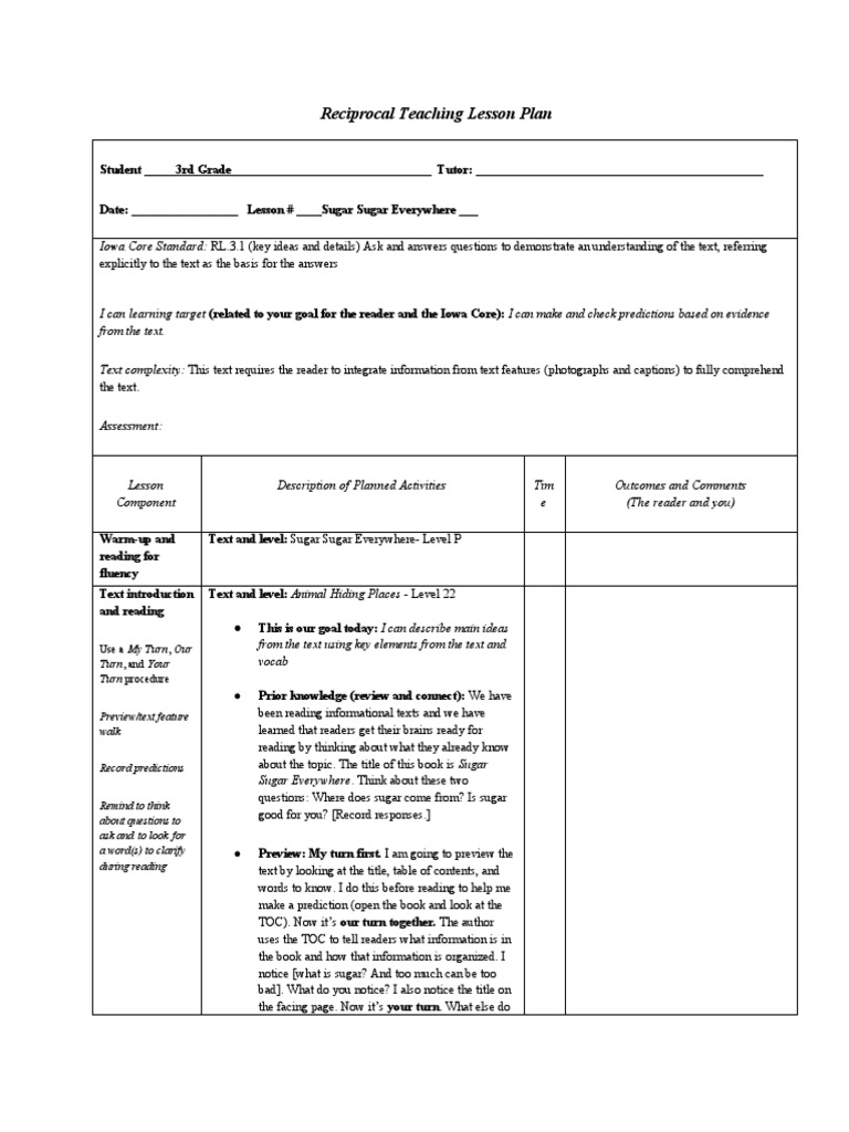 Reciprocal Teaching Lesson Plan: From The Text | PDF | Sucrose ...
