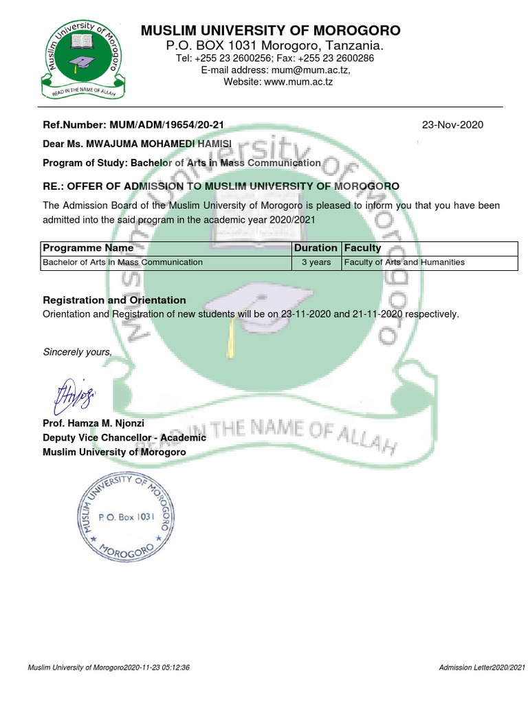 Muslim University of Morogoro: P.O. BOX 1031 Morogoro, Tanzania | PDF