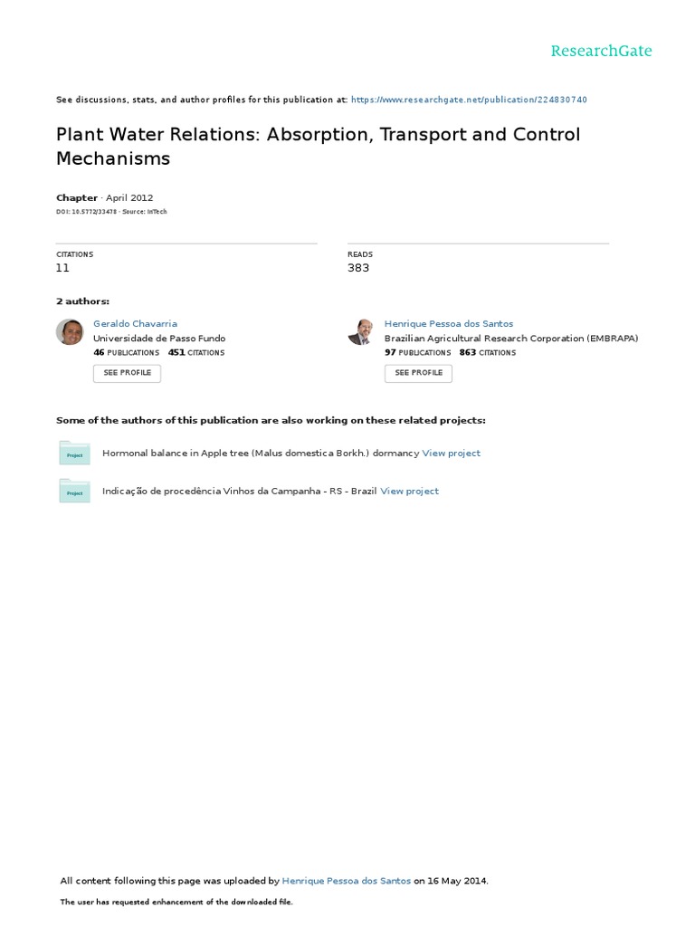 Plant Water Relations - Absorption Transport and Control Mechanisms ...