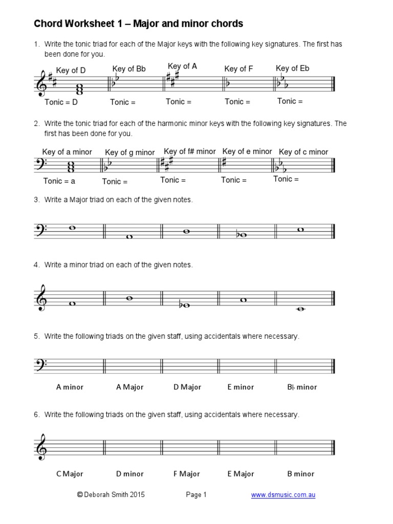 Chord Worksheet 1 - Major and Minor Chords: Keyofd Key of BB Keyofa ...
