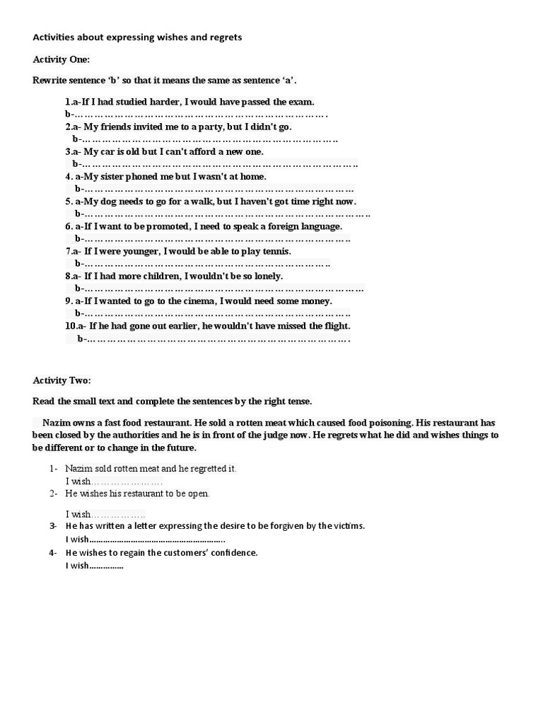 Wishes and Regrets Activities | PDF
