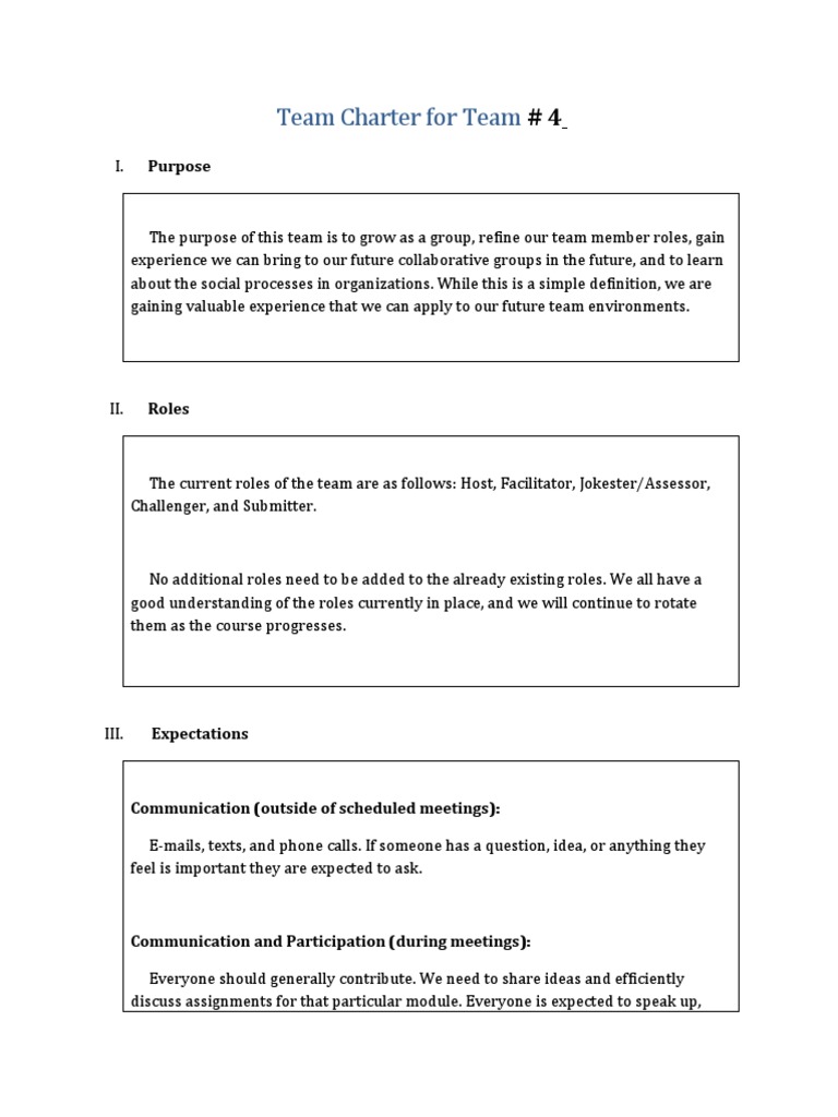 Team Charter For Team: Purpose | PDF | Communication | Cognition