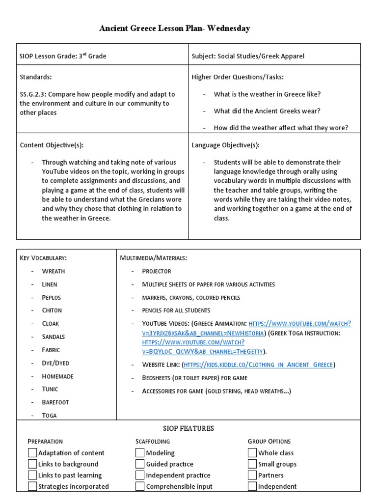 Ancient Greek Apparel Lesson Plan | PDF | Clothing | Lesson Plan