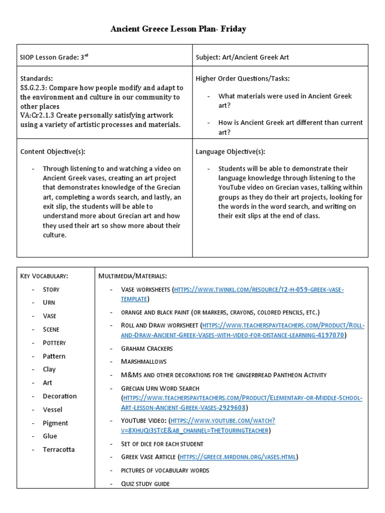 Siop Greek Lesson Plan - Friday | PDF | Vocabulary | Ancient Greece