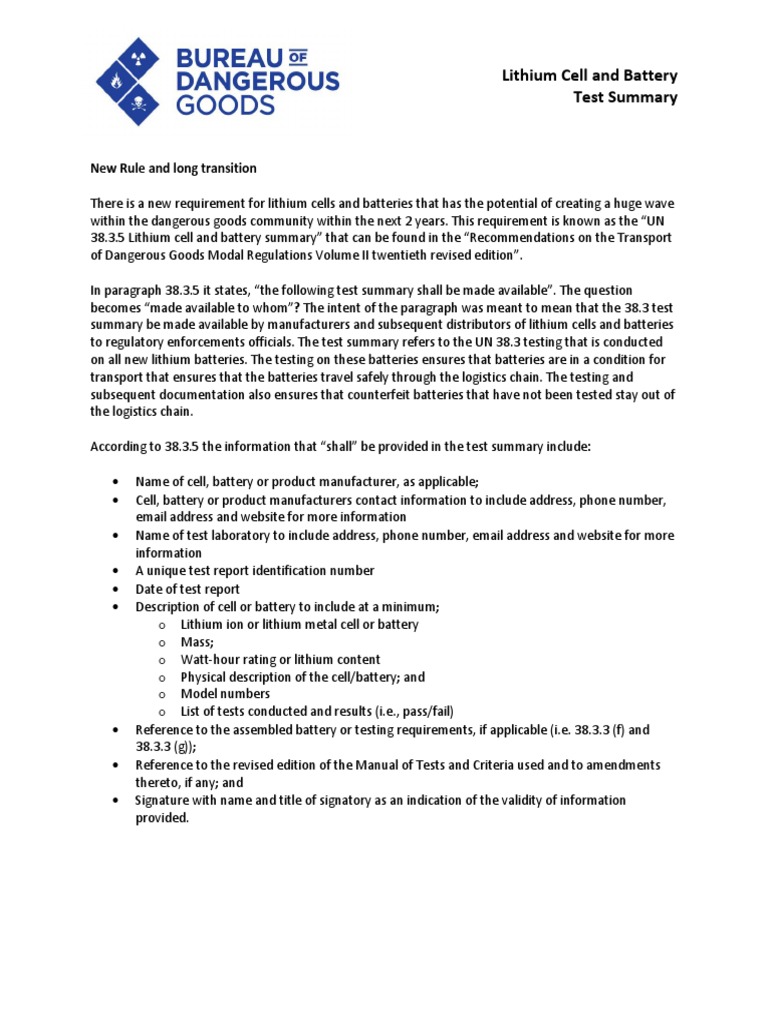 Lithium Cell and Battery Test Summary: New Rule and Long Transition ...