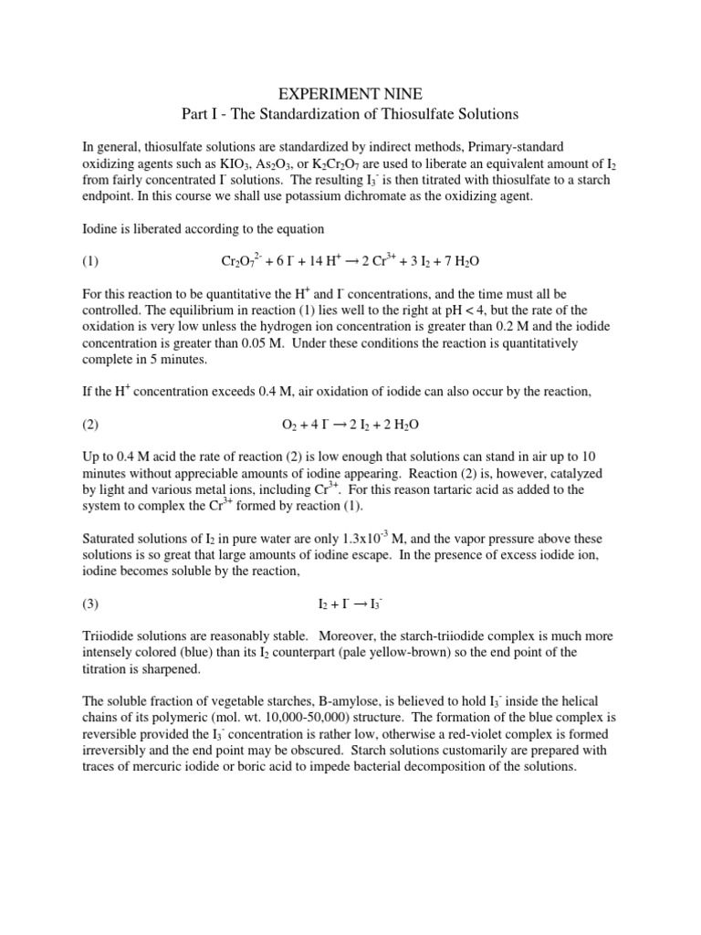 Experiment Nine Part I - The Standardization of Thiosulfate Solutions ...