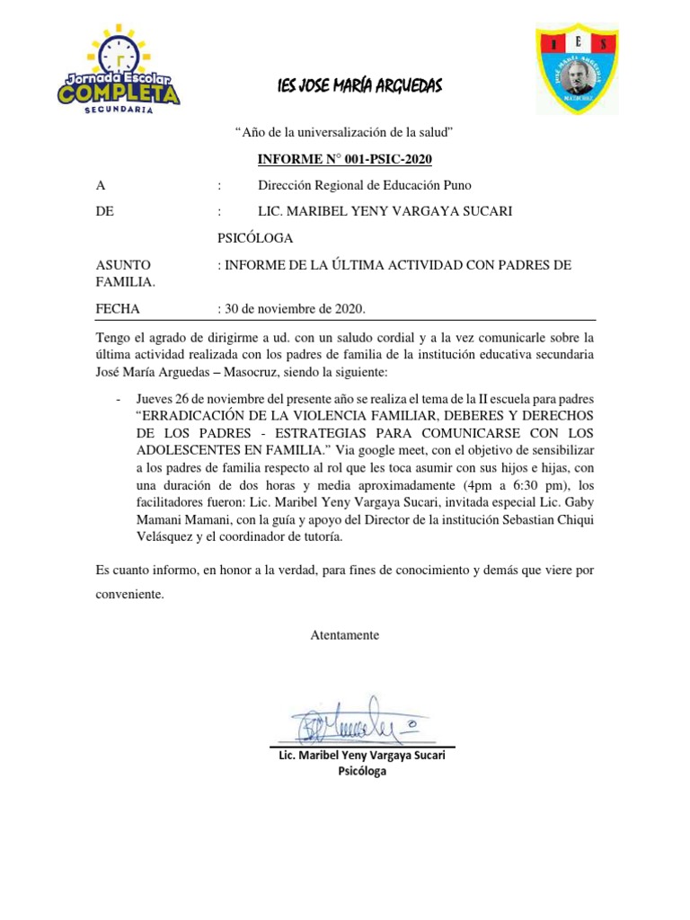 Informe de II Escuela para Padres | PDF
