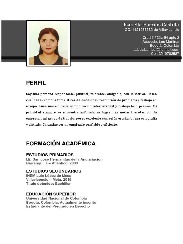 Hoja de Vida Isa (Isabella Barrios) PDF | PDF