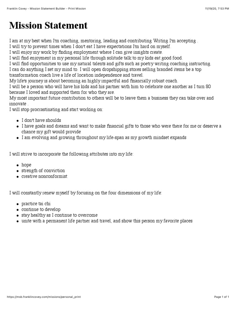 Franklin Covey - Mission Statement Builder - Print Mission | PDF