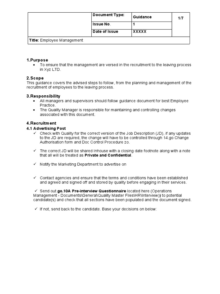 Employee Management Guidance XXXX | PDF | Recruitment | Employment