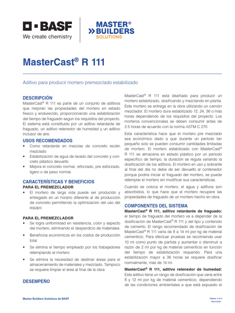 Basf Mastercast R 111 - Ficha Técnica | PDF | Hormigón | Cemento