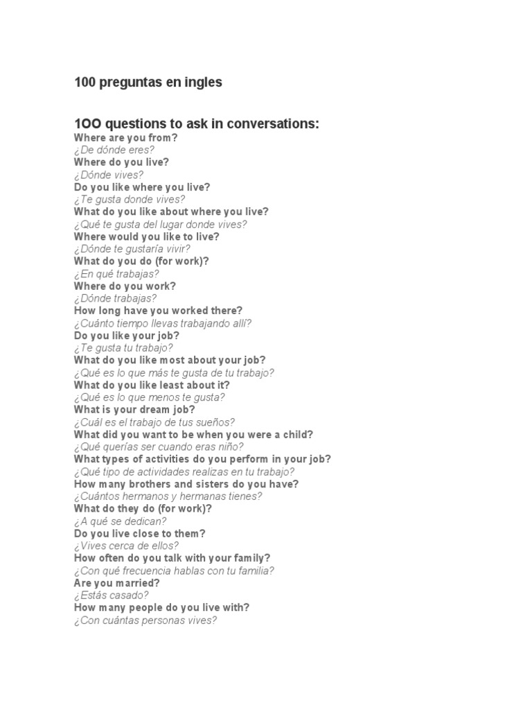 100 Preguntas en Ingles | PDF | Vacaciones o vacaciones | Asia
