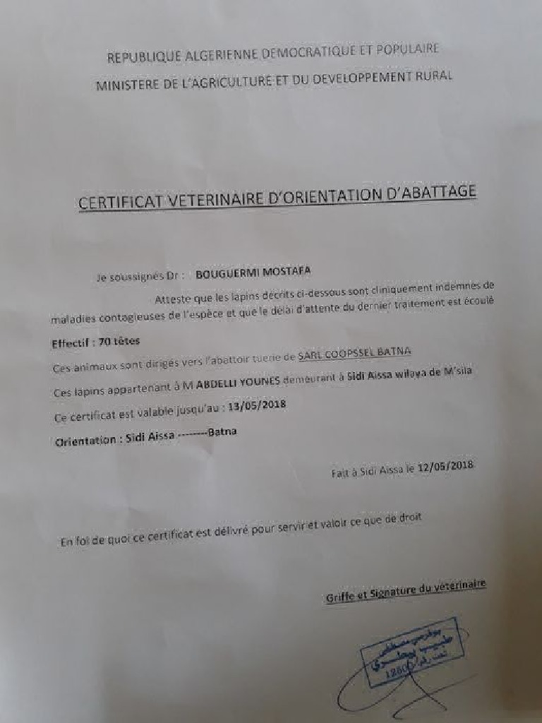 Certificat Veterinaire Abattage | PDF