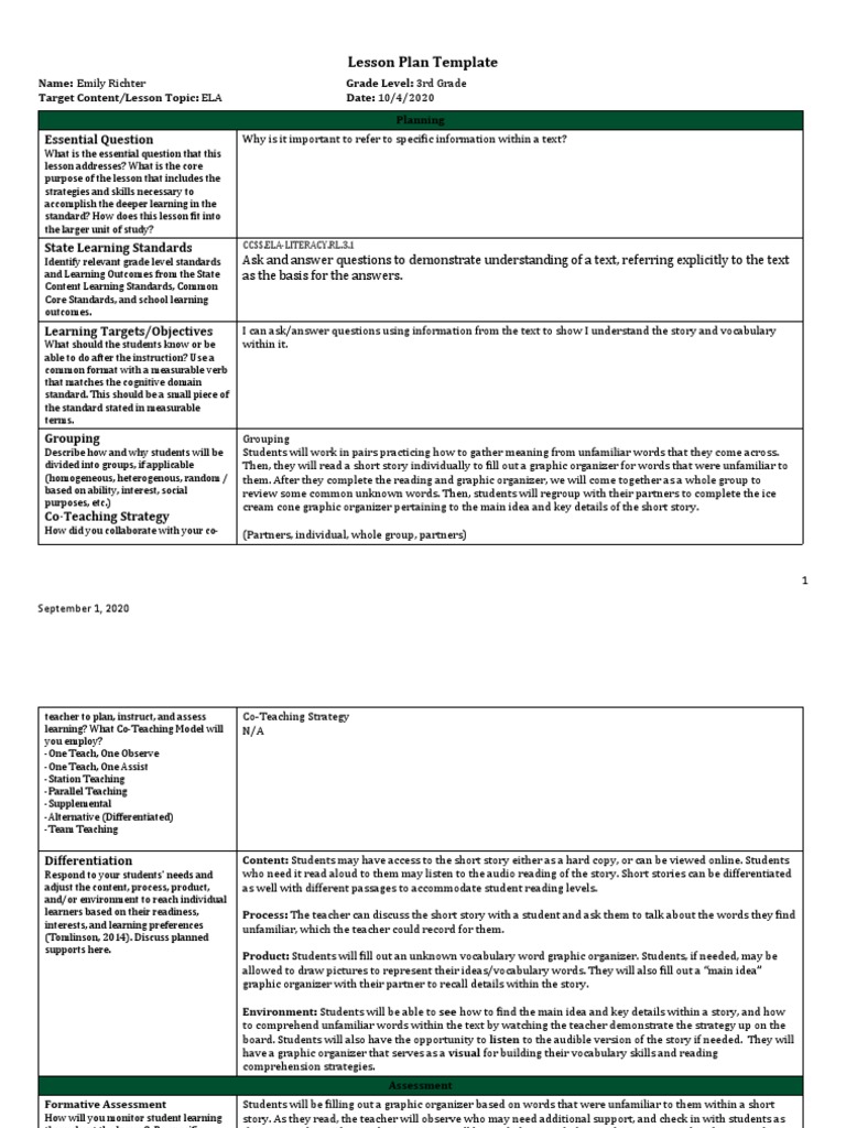 3rd Grade ELA Lesson Plan Template | PDF | Educational Assessment ...