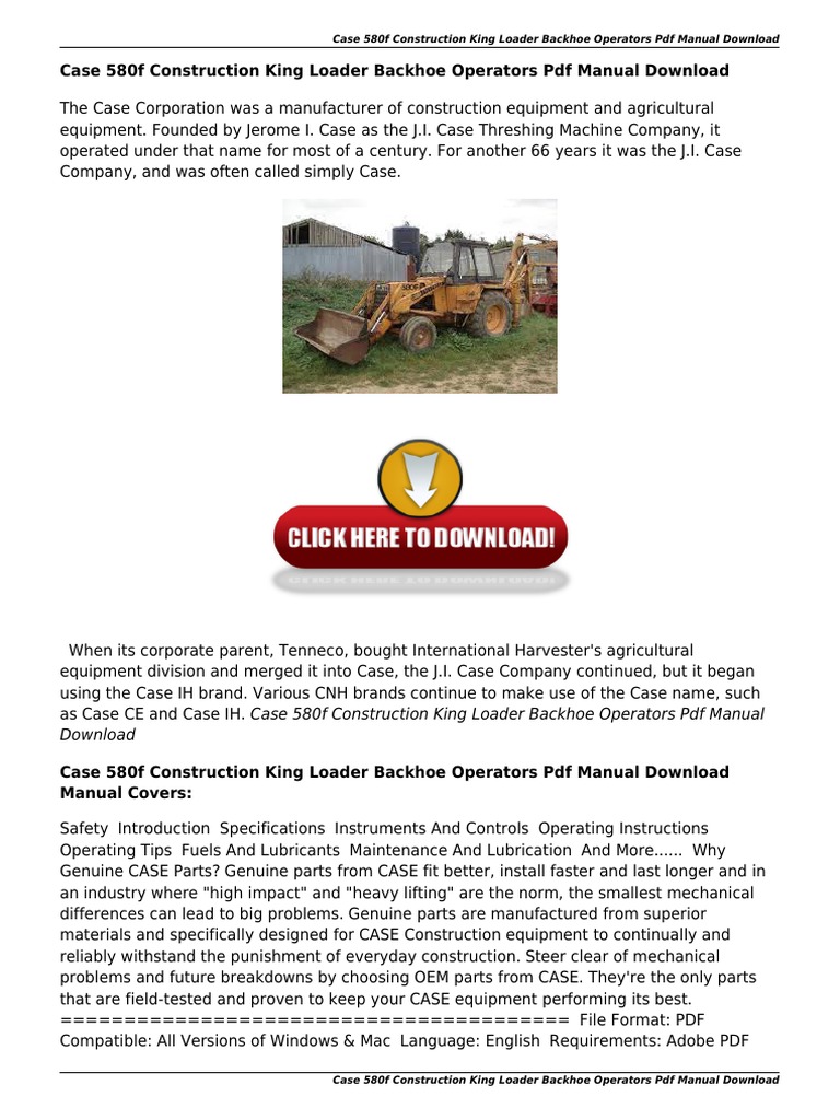 Operator's Manual for the Case 580f Construction King Loader Backhoe ...