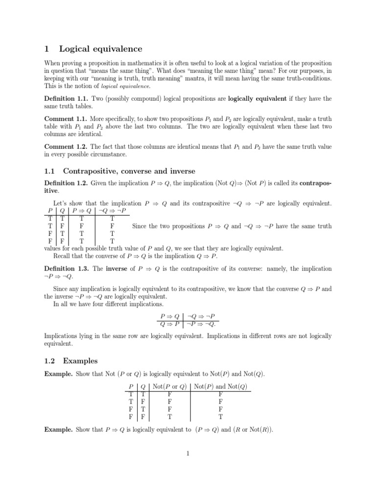 1 Logical Equivalence: 1.1 Contrapositive, Converse and Inverse | PDF | Contradiction ...