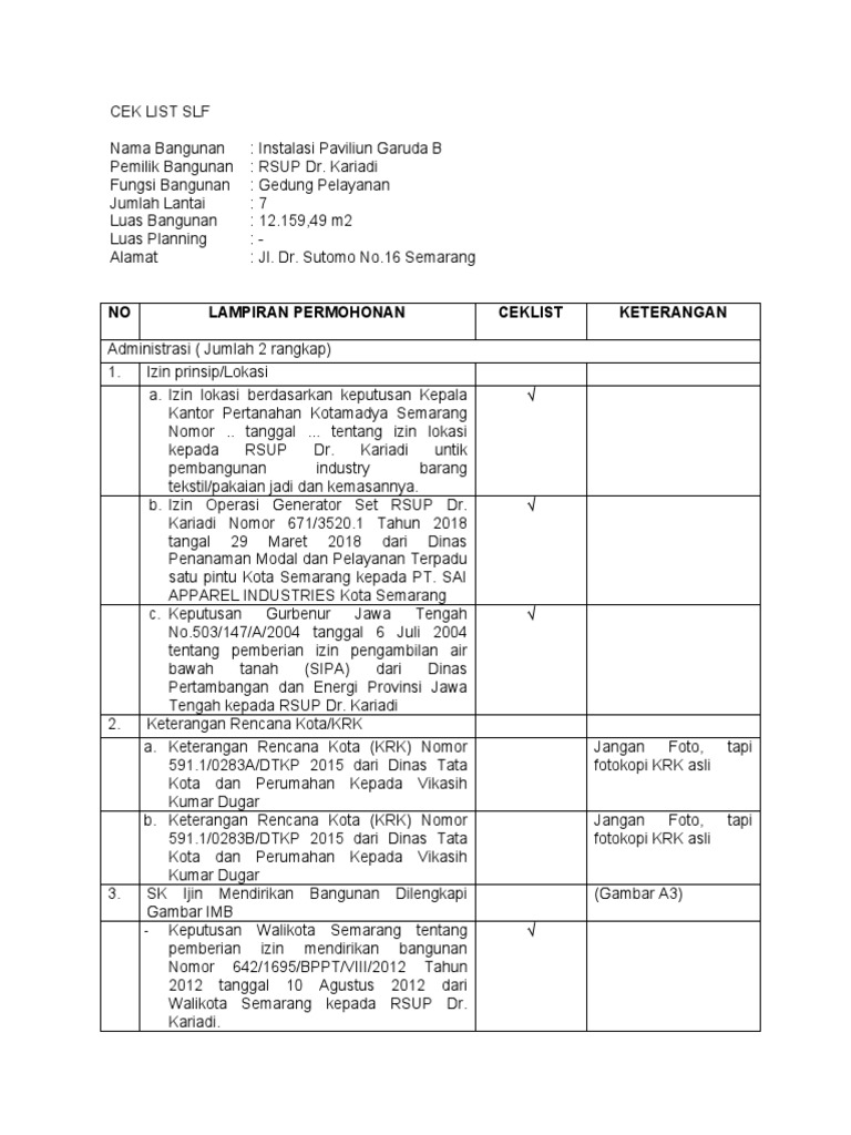 CEK LIST SLF (Repaired) | PDF | Teknologi & Rekayasa