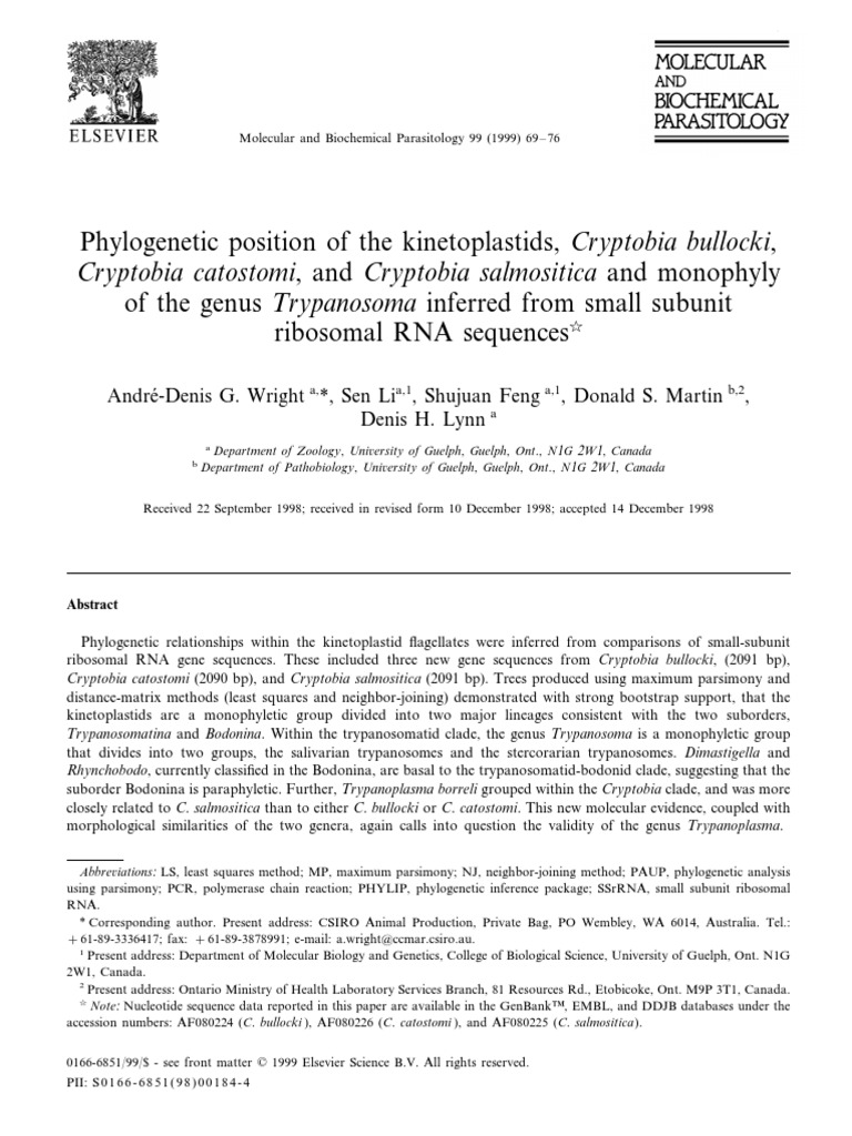 Phylogenetic Position of The Kinetoplastids, Cryptobia Bullocki, of The ...
