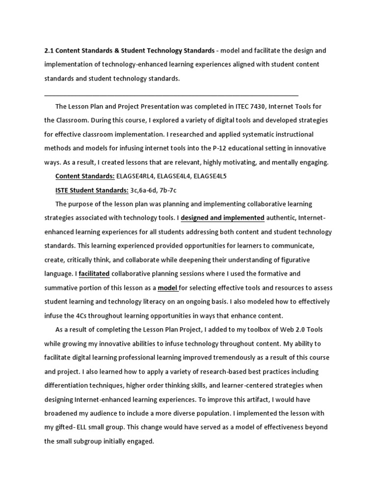 2.1 Content Standards & Student Technology Standards - Model and ...