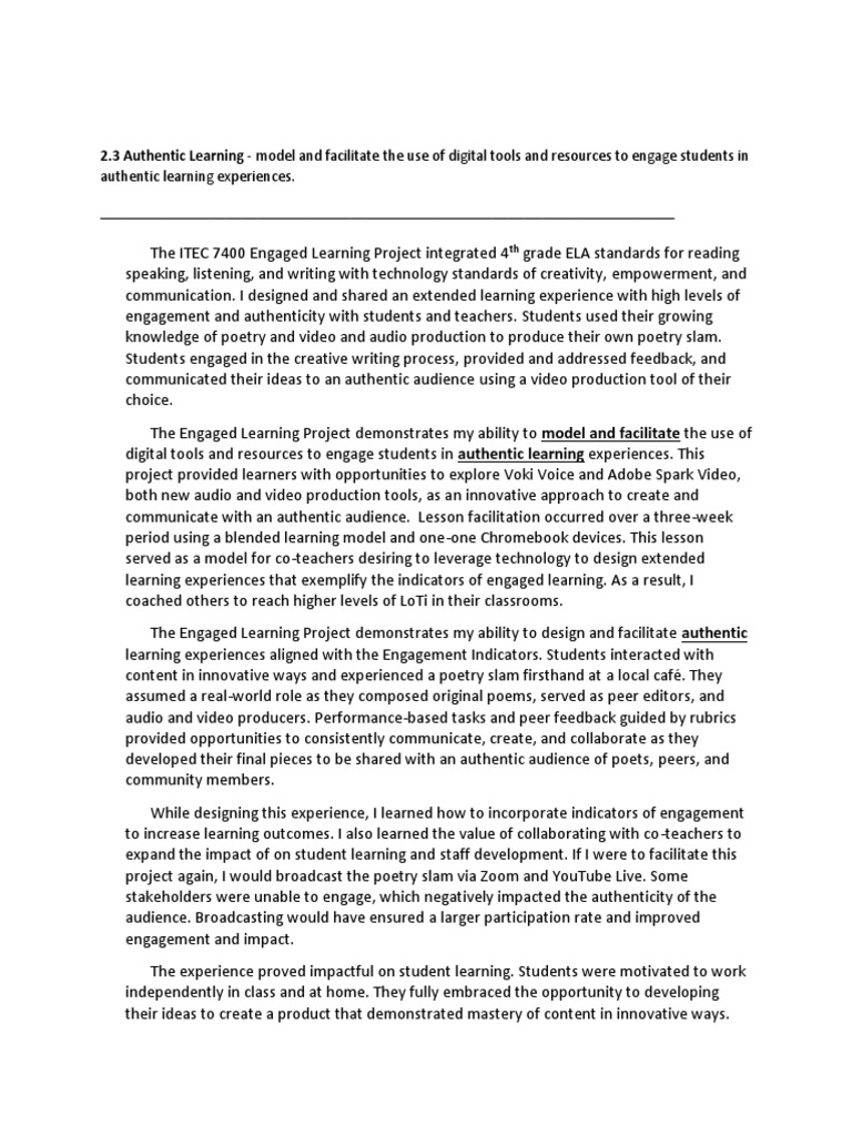 2.3 Authentic Learning - Model and Facilitate The Use of Digital Tools ...