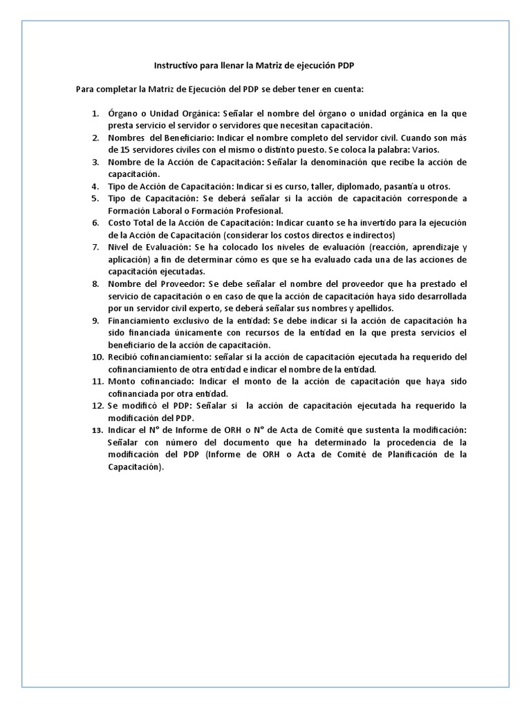 Instructivo para La Matriz de Ejecución PDP | PDF