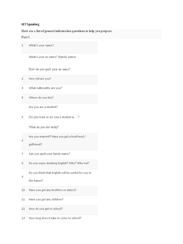 KET Speaking (General Questions)