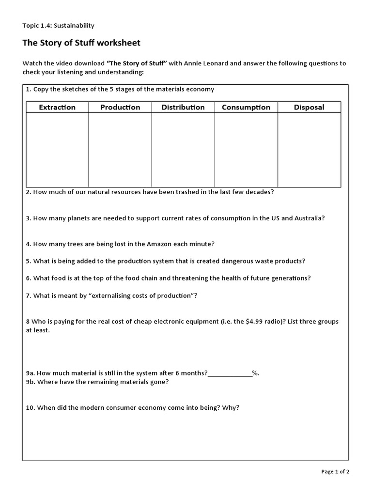 The Story of Stuff Worksheet | PDF