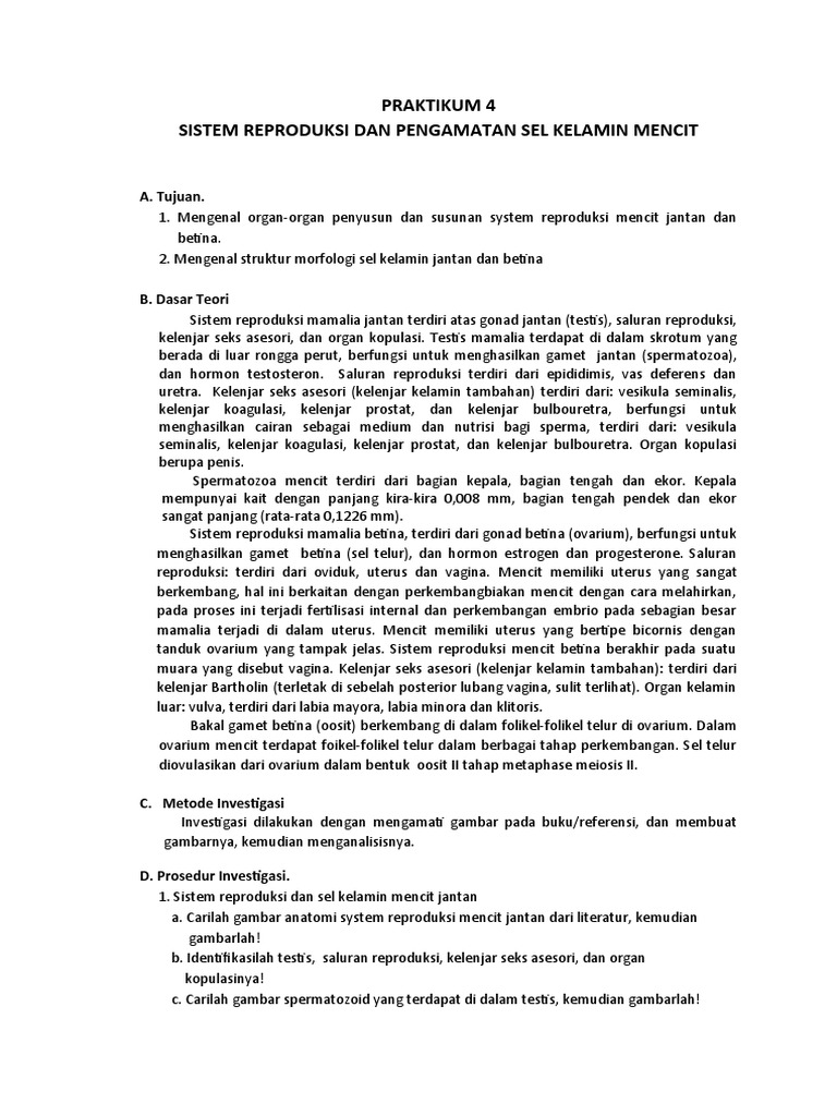 Petunjuk Prakt Pert 8 Sistem Reproduksi Dan Pengamatan Sel Kelamin Mencit | PDF