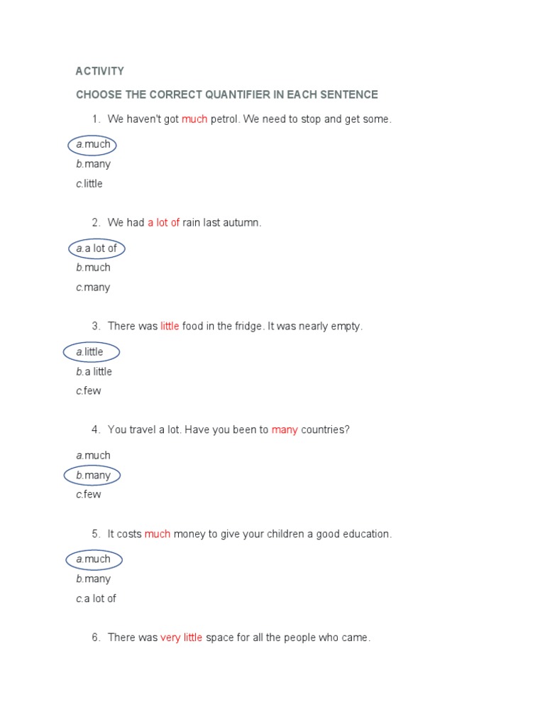 A.much B.many C.little: Activity Choose The Correct Quantifier in Each Sentence | PDF | Cooking ...