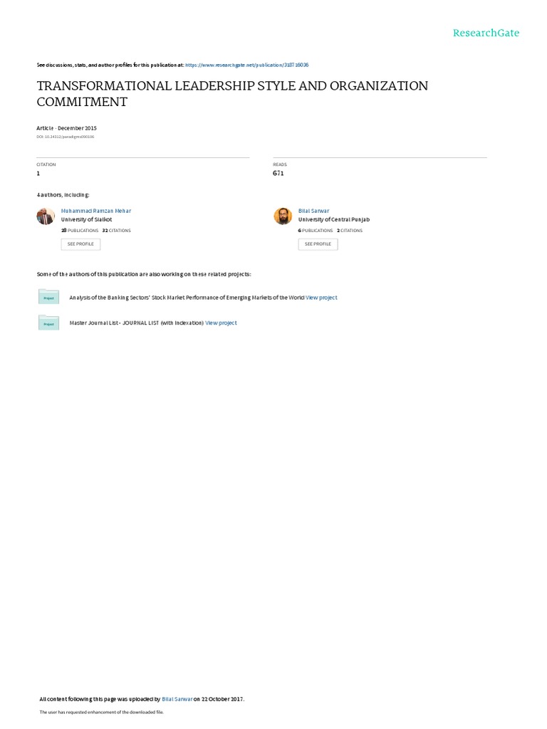 Transformational Leadership Style and Organization Commitment | PDF ...