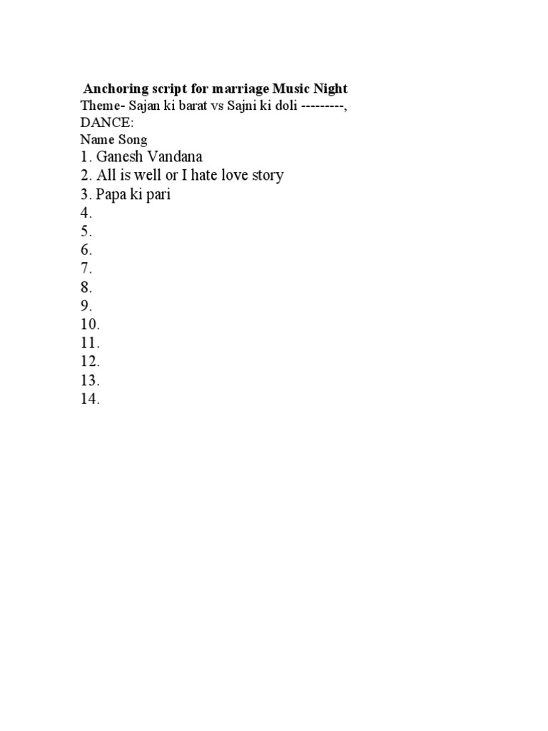 Anchoring Script For Marriage Music Night | PDF | Leisure