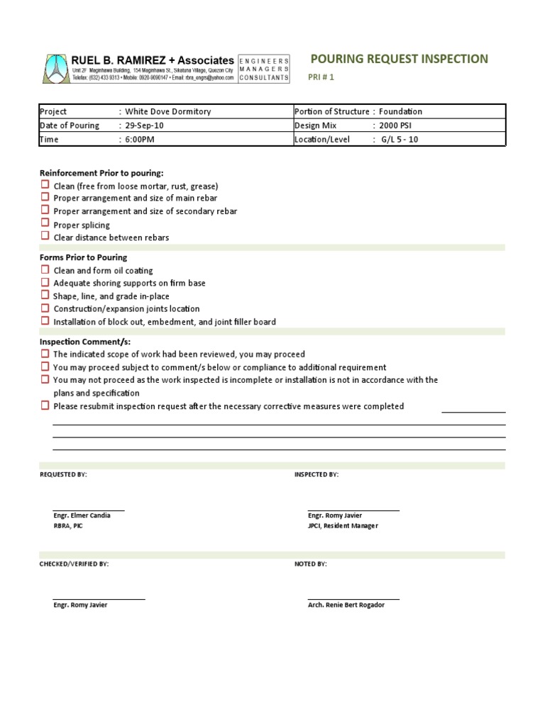 Pouring Request Inspection: Reinforcement Prior To Pouring | PDF