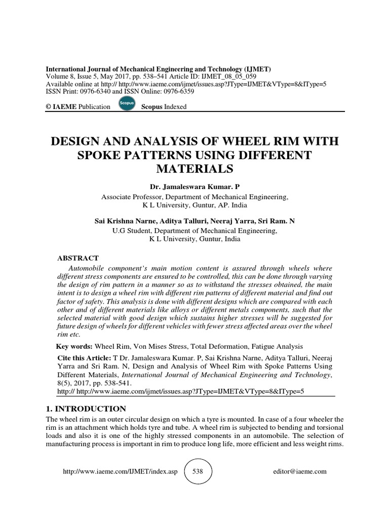 Design and Analysis of Wheel Rim With Spoke Patterns Using Different ...