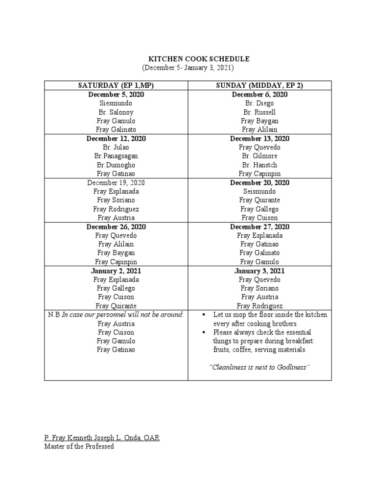 Kitchen Cook Schedule: "Cleanliness Is Next To Godliness" | PDF | Food ...