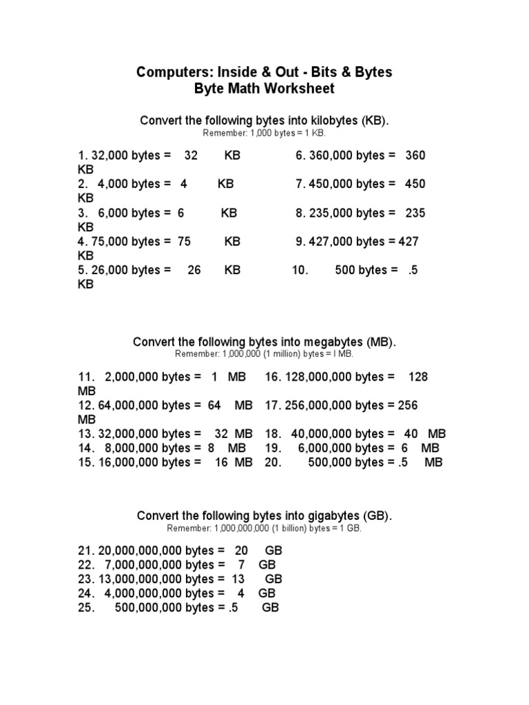 Byte Math Worksheet Pdf