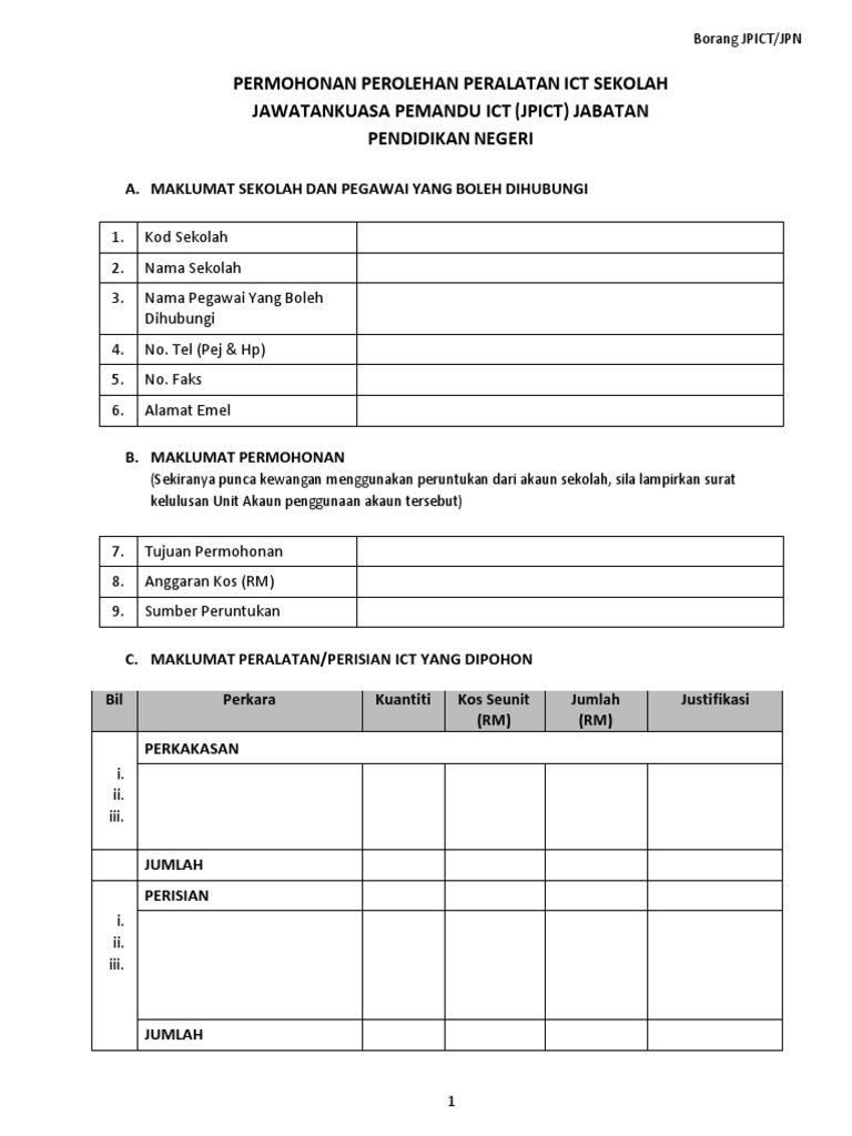Borang Permohonan Peralatan ICT Sekolah JPICT | PDF