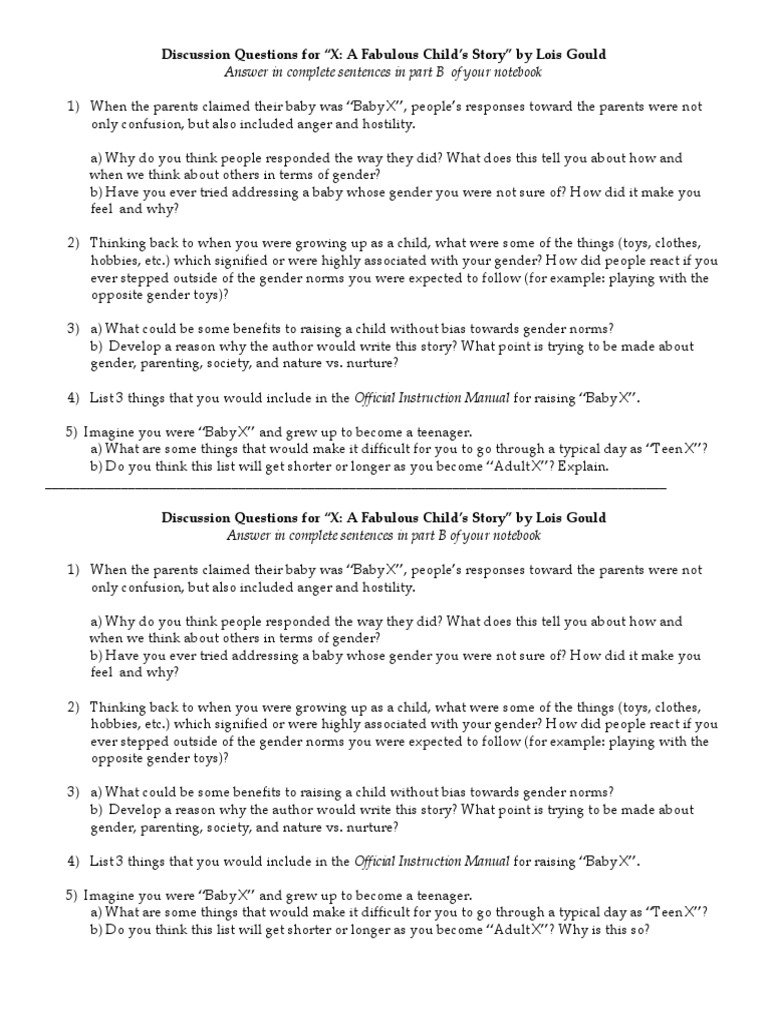 Discussion Qs For X A Fabulous Child | PDF | Toys | Gender