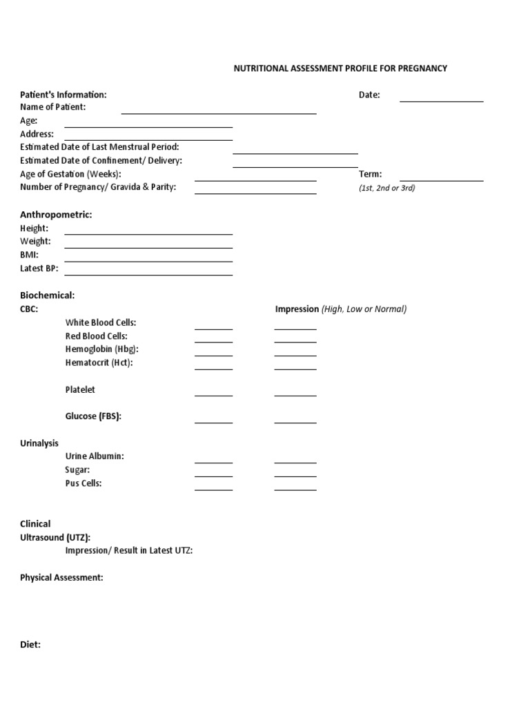 Nutritional Assessment Profile Form For Pregnant Mothers | PDF ...