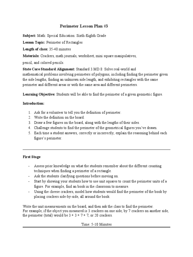 Perimeter Lesson Plan 3 | PDF | Area | Lesson Plan