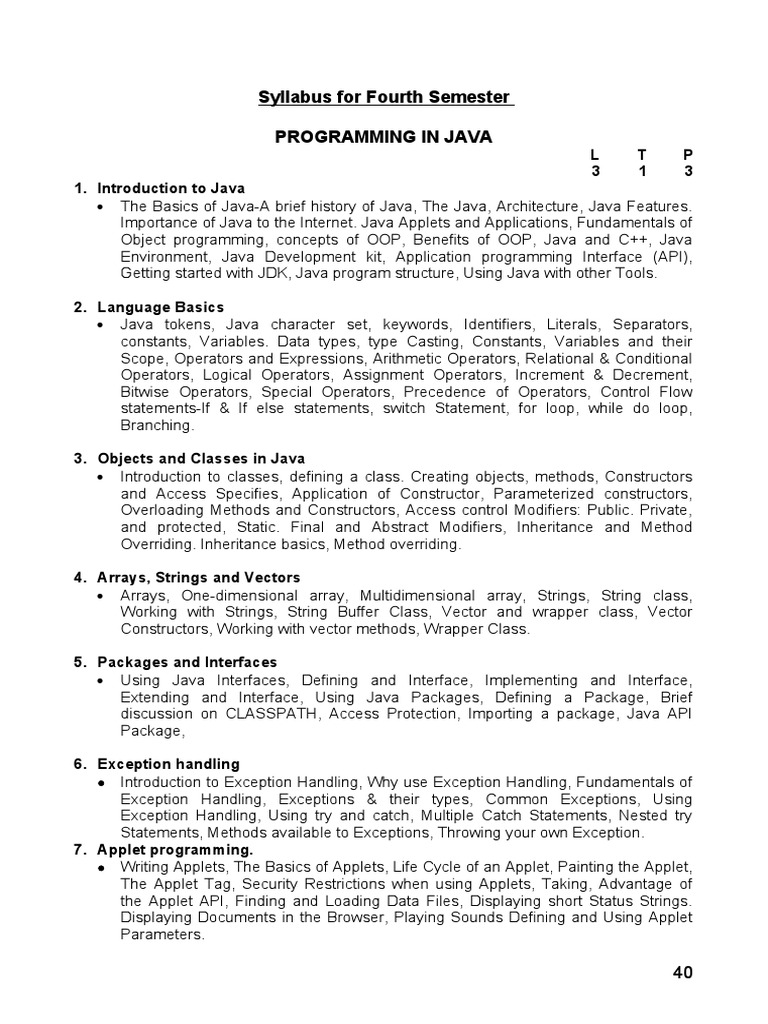 Syllabus For Fourth Semester Programming In Java L T P 3 1 3 1