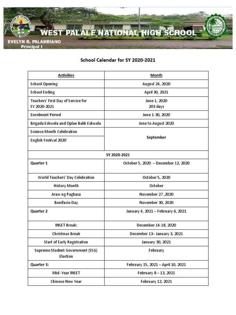 SY 2020-2021 School Calendar Overview | PDF