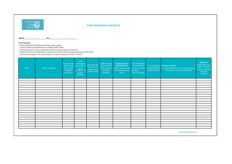Food Receiving Checklist Template | PDF | Refrigerator | Food Industry