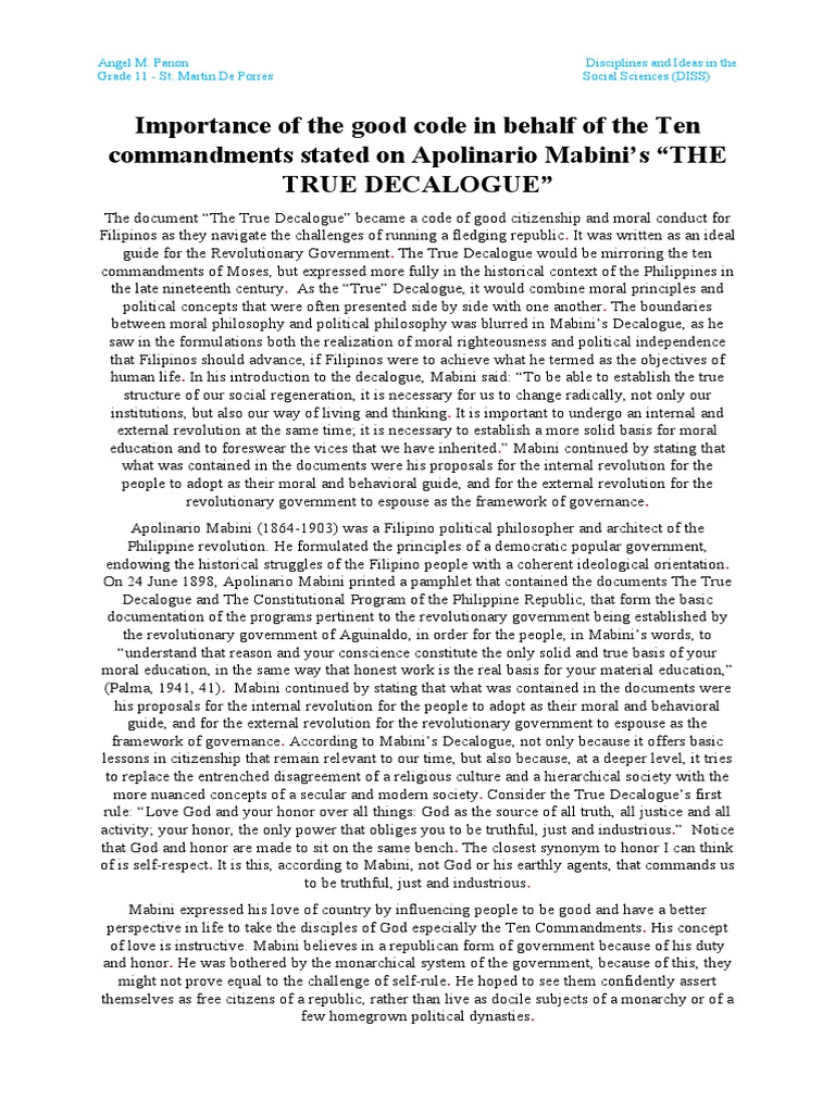 Importance of The Good Code in Behalf of The Ten Commandments Stated On ...